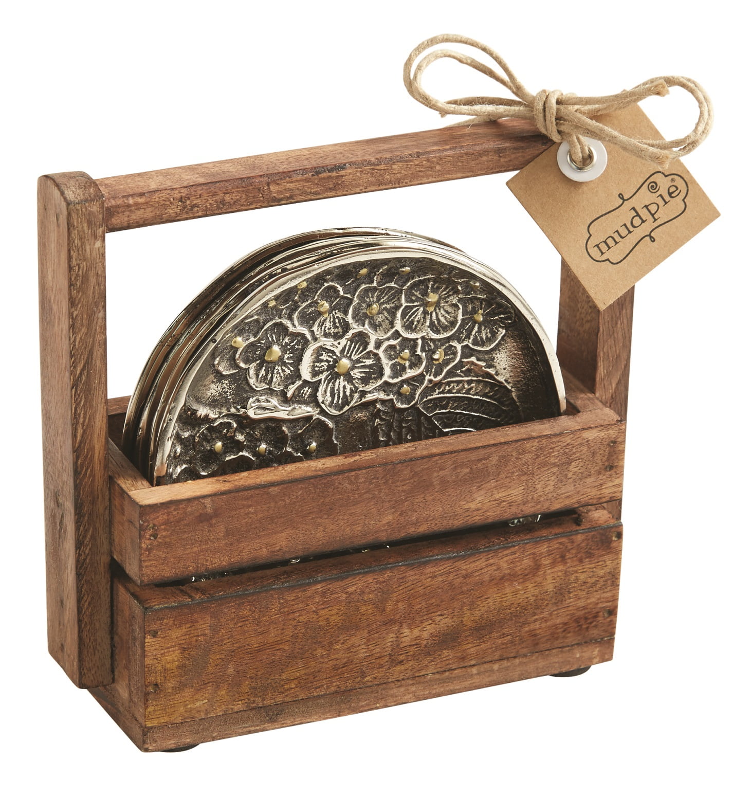 Embossed Hydrangea Aluminum Coasters with Mango Wood Caddy 5 Piece Set ...