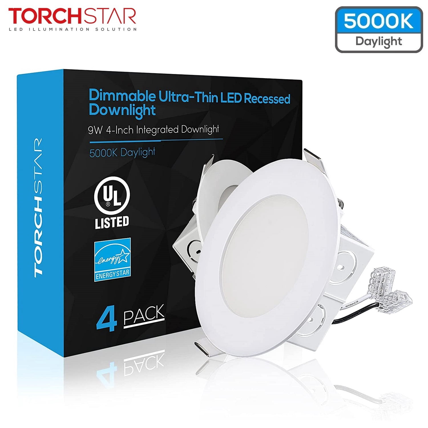 TORCHSTAR Ultra-Thin 4 Inch Recessed LED Downlight with J-Box, Dimmable ...