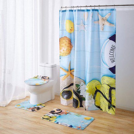 Beach Decor Memory Foam Bath Rug Set Blue Beach Theme Design Bathroom ...