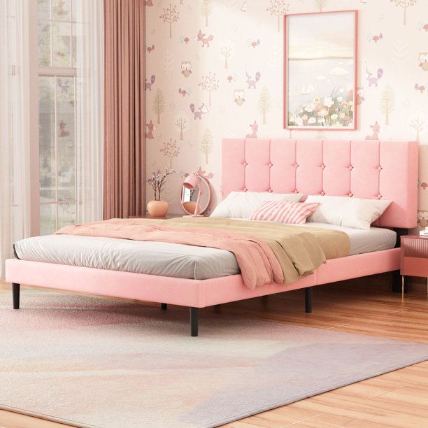 Unizone Queen Bed Frame with Upholstered Headboard, Button Tufted ...