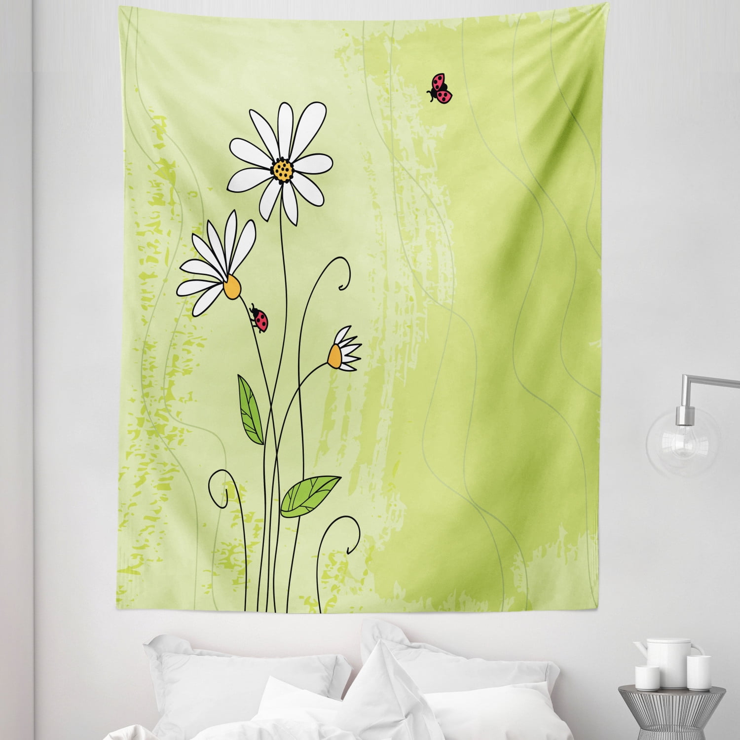 Daisy Tapestry, Hand Drawn Style Chamomile Flowers Ladybugs and Grunge ...