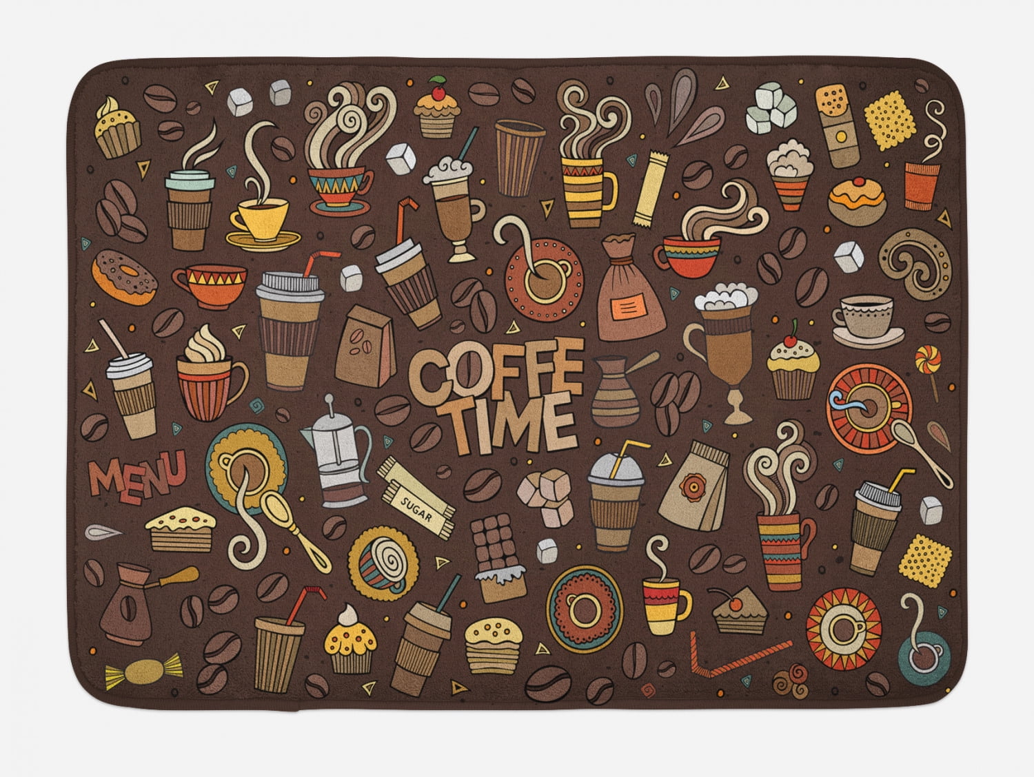 Coffee Bath Mat, Hand Drawn Cartoon Coffee Time Theme Sweets and Drinks ...