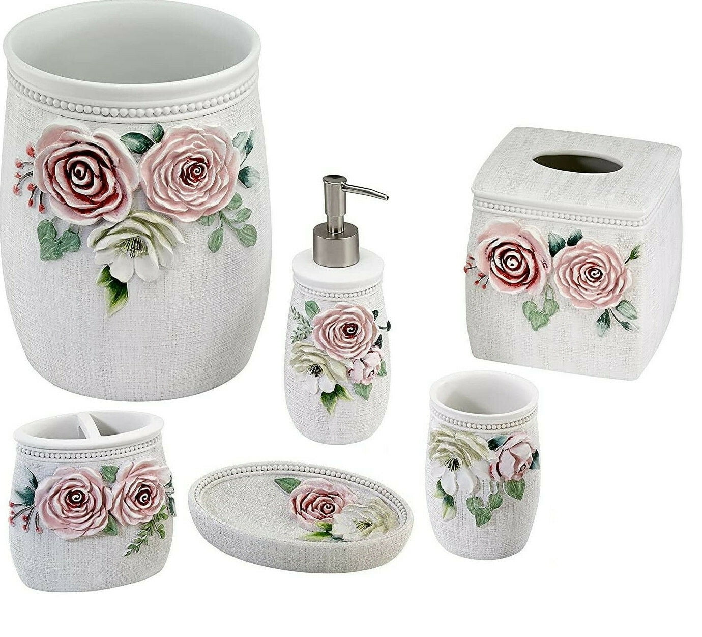 Avanti Linens Spring Garden 6 Piece Resin Bath Accessory Set, Pink ...