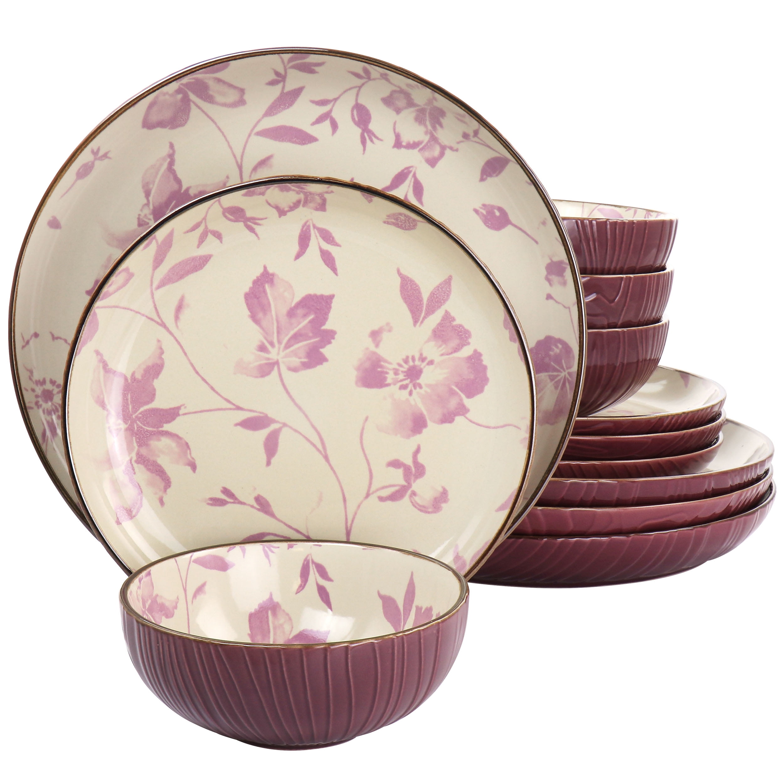Elite Vineland Floral 12 Piece Stoneware Dinnerware Set in Purple ...