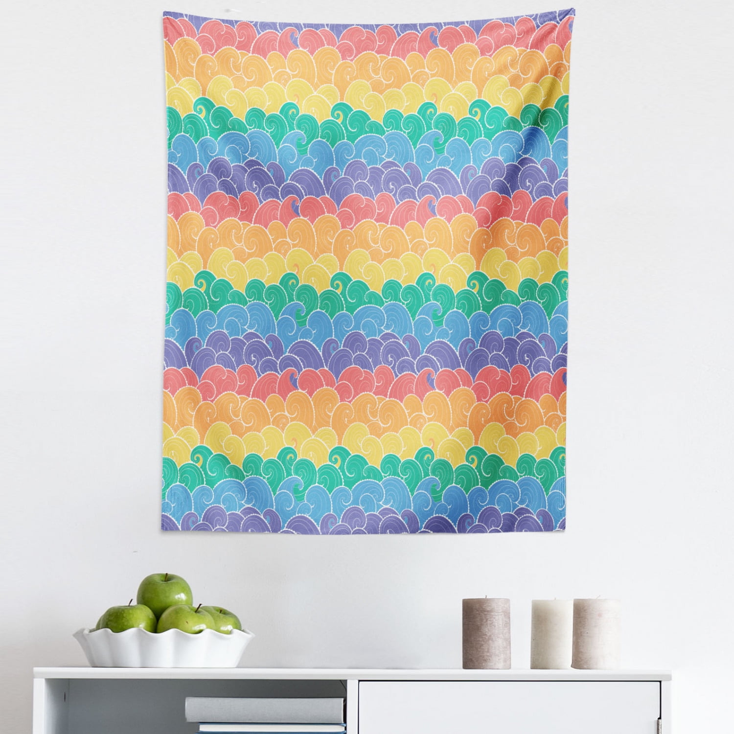 Colorful Tapestry, Colorful Waves Cartoon Style Sea Pattern in Rainbow ...