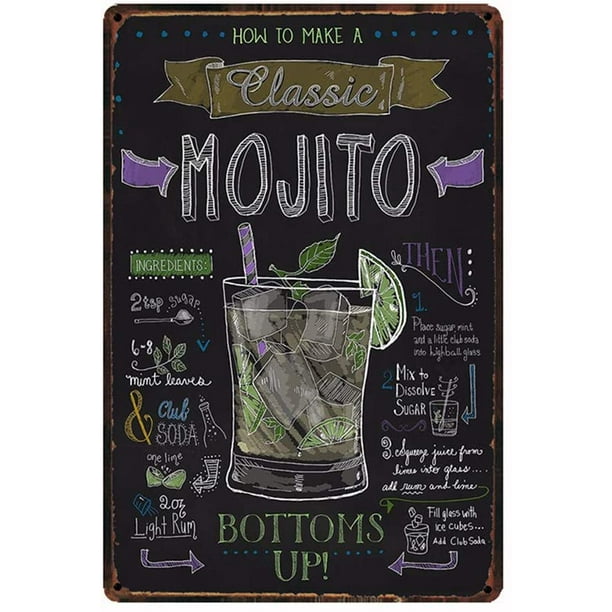 How to Make A Classic Mojito, Retro Embossed Metal Bar Sign Cocktail ...
