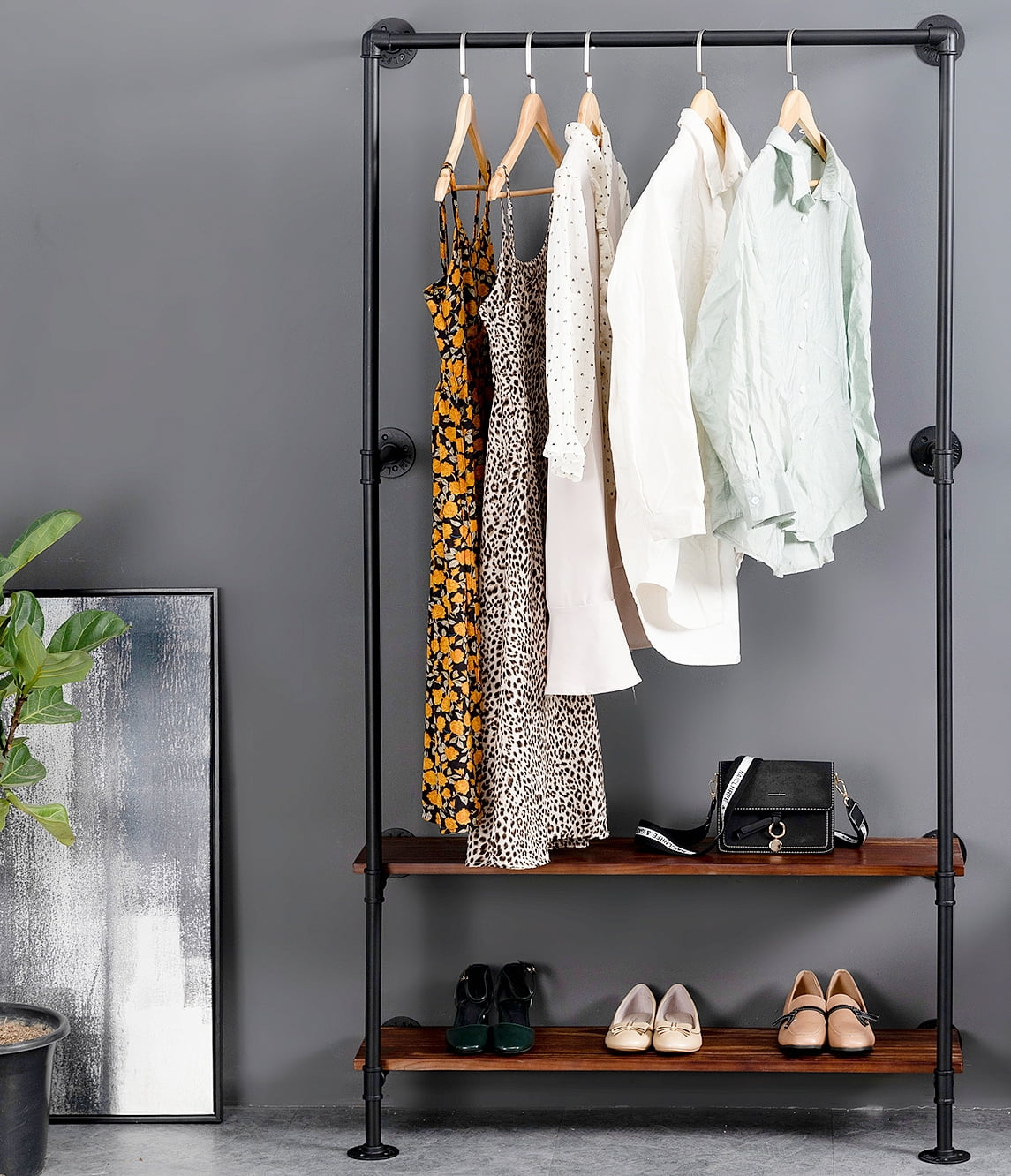 Industrial Pipe Clothing Rack with Shelves,Hanging Wall Mounted clothes ...