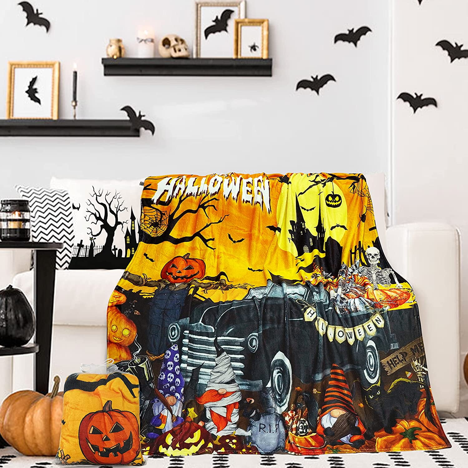 Halloween Blanket Haunted Throw Pumpkin Ghost Spooky Spider Webs Bat ...