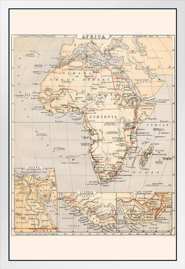 Africa Vintage Antique Style Travel World Map with Cities in Detail Map ...
