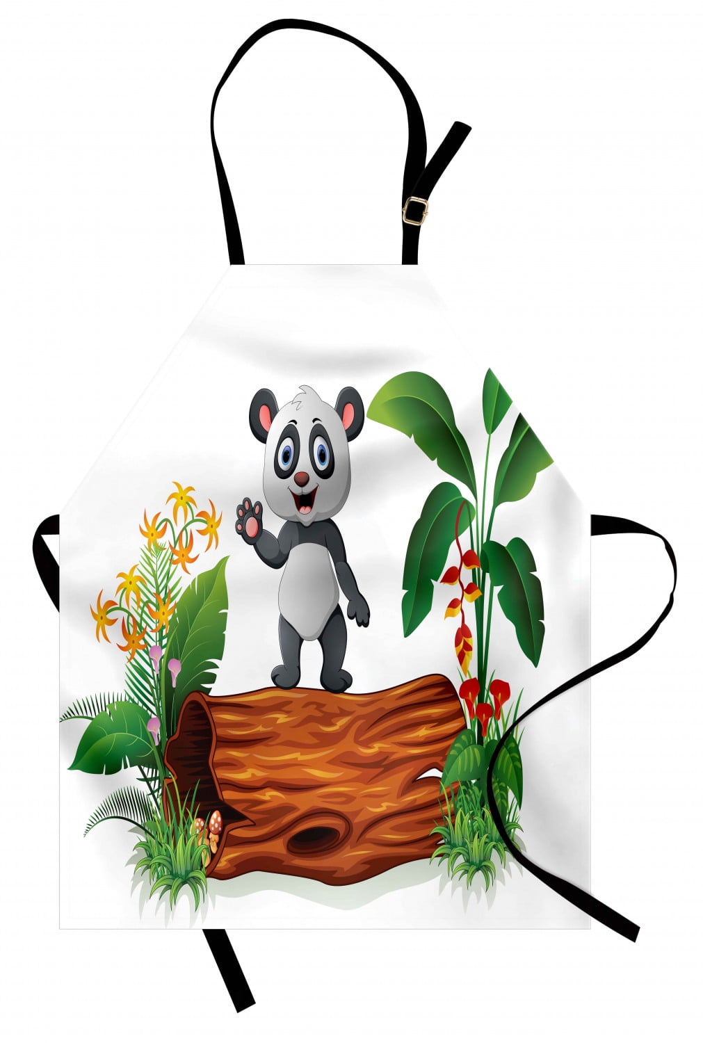 Panda Apron Cute Baby Panda Standing on a Tree Trunk Tropical Flowers ...