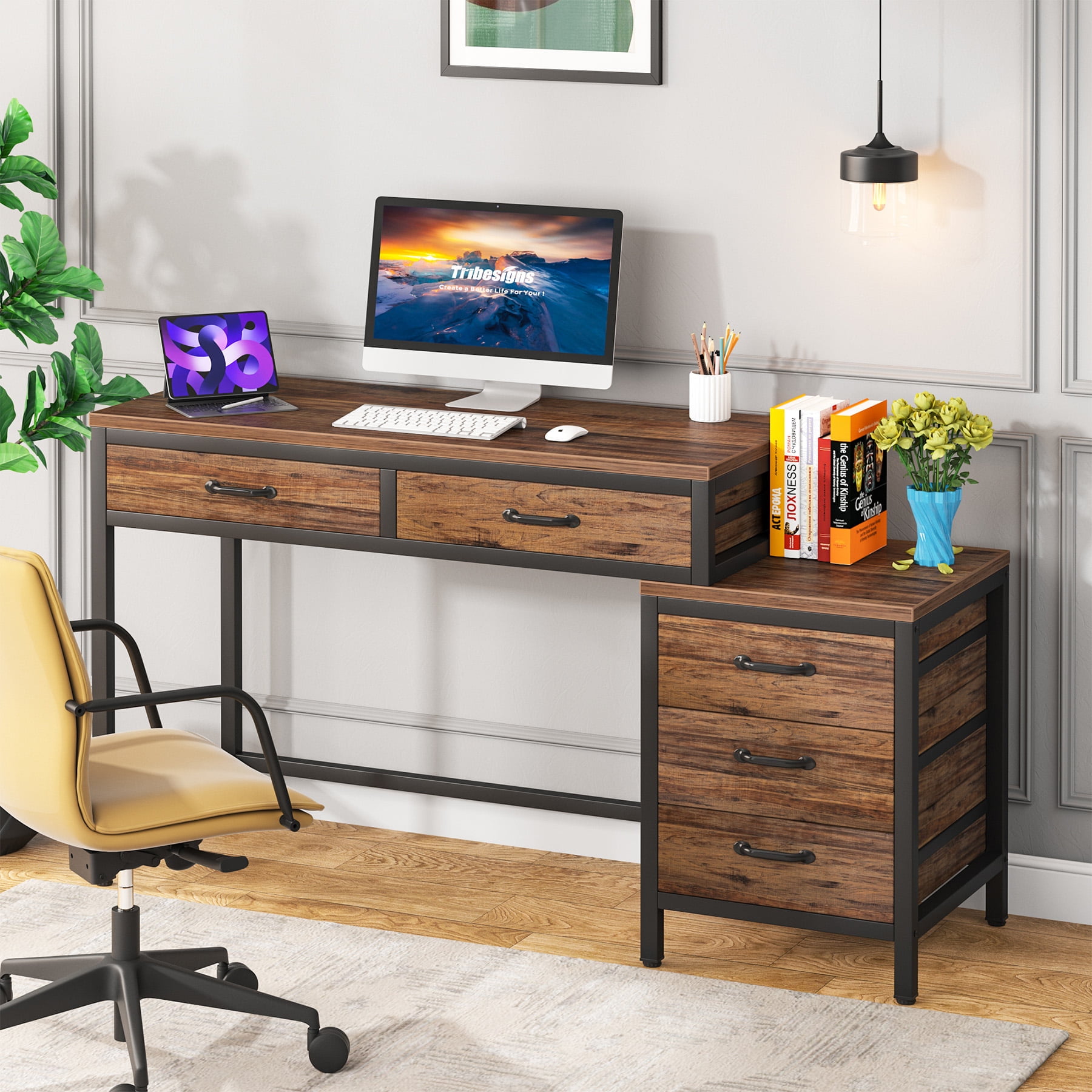 Tribesigns Computer Desk With 5 Drawers  Home Office Desks With Reversible Drawer Cabinet Printer Stand  Industrial Pc Desk With Storage  Rustic Study