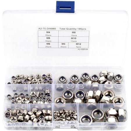 TILIYHELLO 165Pcs Nylon Lock Nuts Assortment Kit, 304 Stainless Steel Hex Lock Nuts with Plastic ...