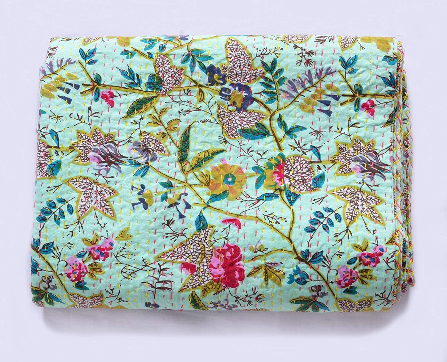 New Floral Print Kantha Quilt King Quilt Inidan Bedspread Kantha ...