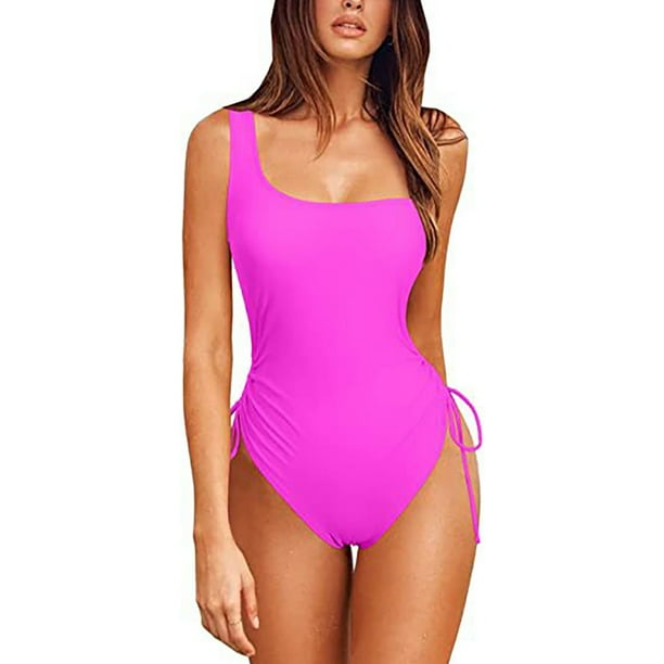 Sksloeg Sexy One Shoulder Tummy Control Ruched Swimsuit Tie Side