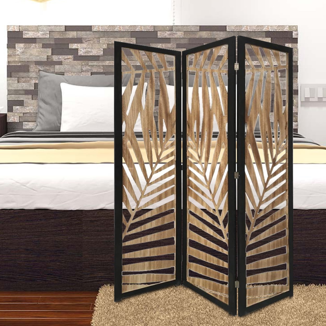 3 Panel Wooden Screen with Laser Cut Tropical Leaf Design, Brown and ...