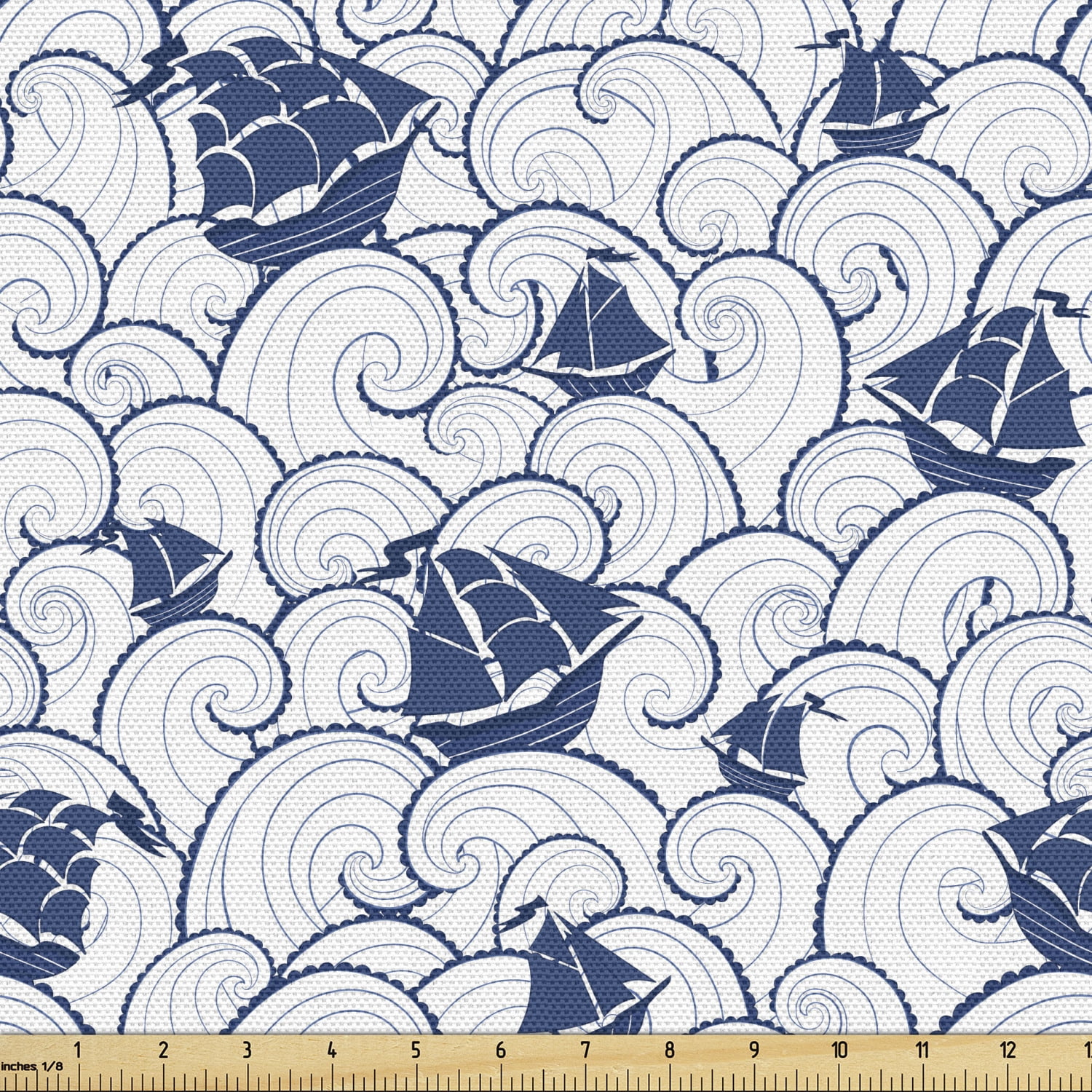 Nautical Fabric by the Yard, Ship on Marine Spiral Waves Cruising Boat ...