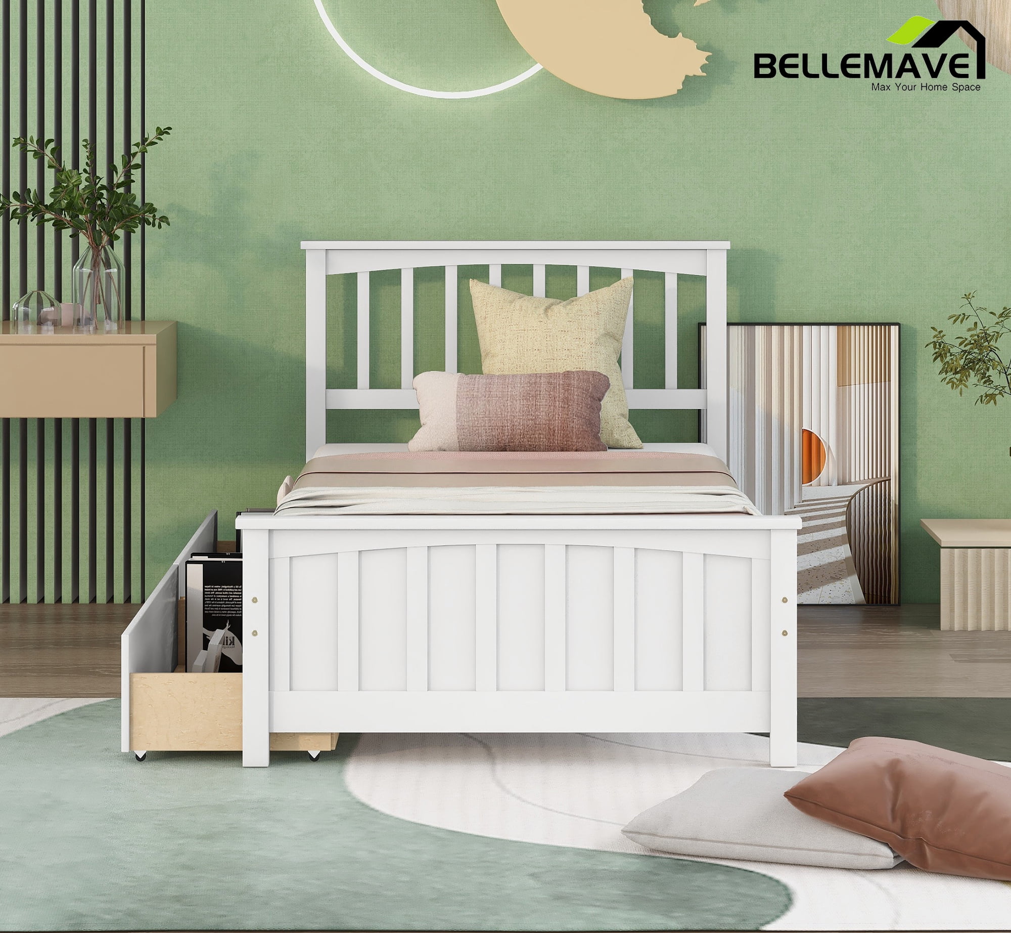 Bellemave Modern Twin Size Bed with Storage Wood Twin Bed Frame with ...