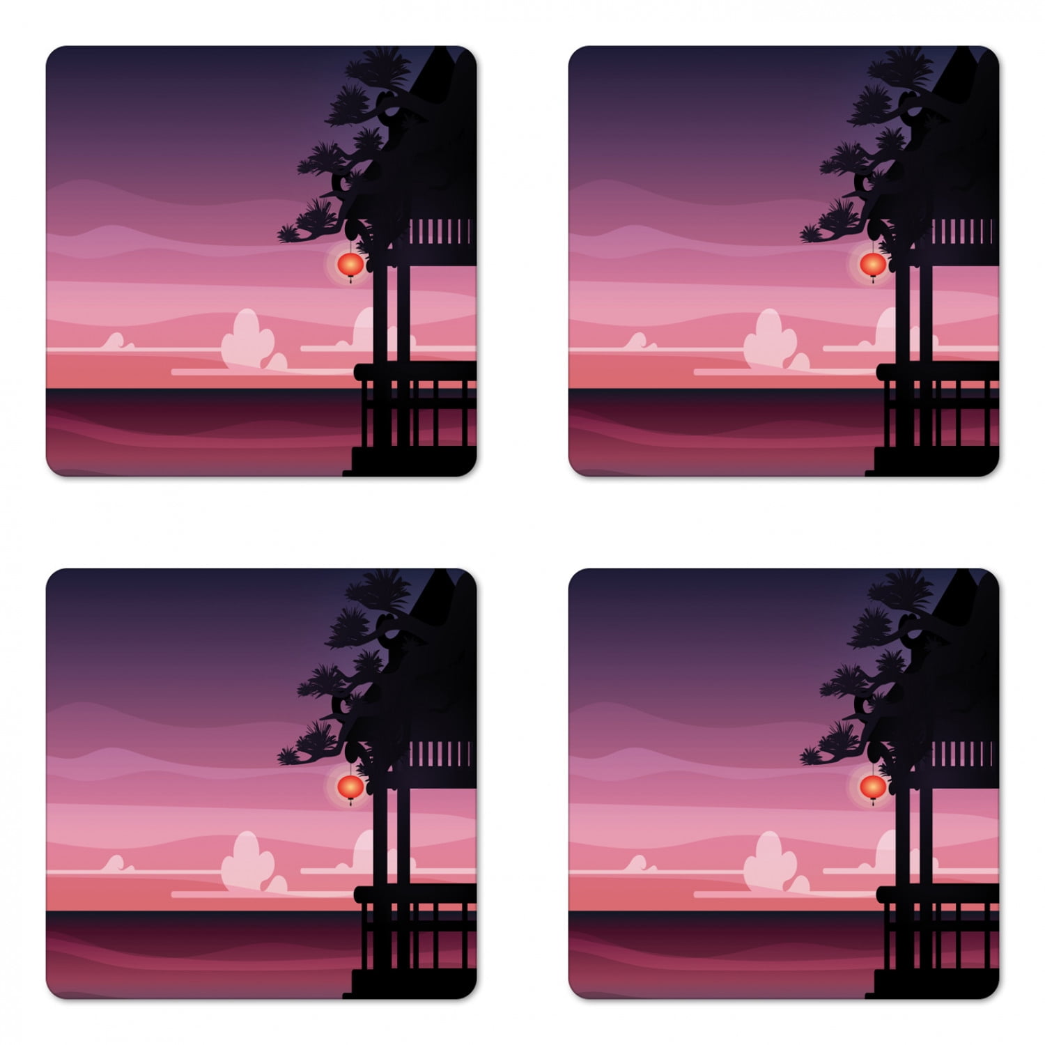 Nature Coaster Set of 4, Exotic Scene of Ethnic Asian Pavilion at ...