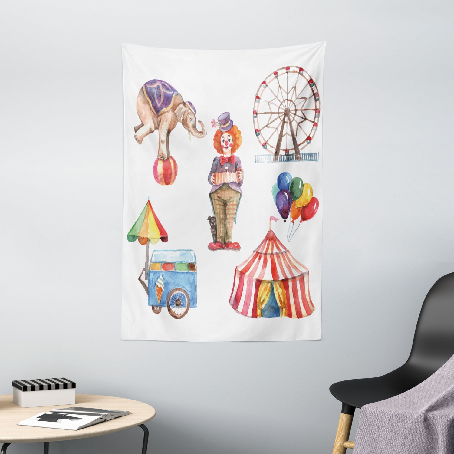Circus Decor Wall Hanging Tapestry, Circus Elements with Clown Elephant ...