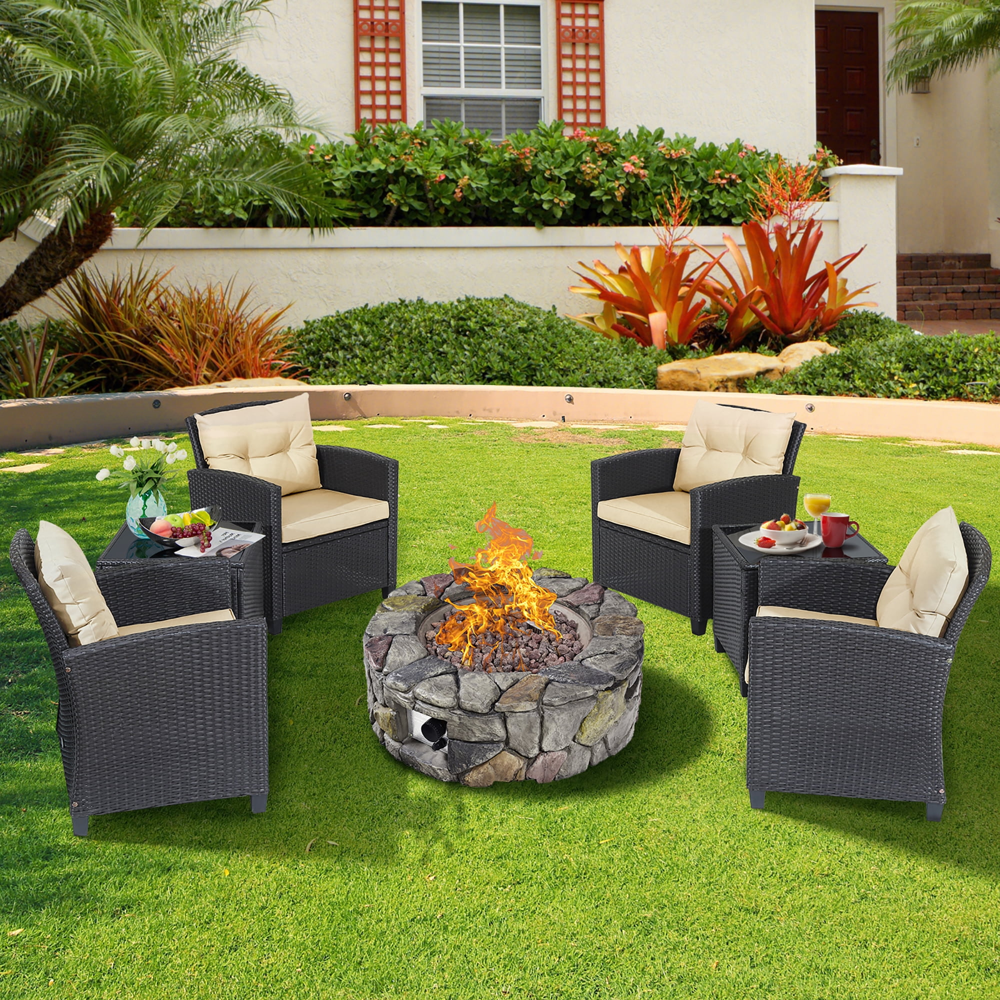 Costway 7PCS Patio Rattan Wicker Furniture Set Gas Fire Pit Table Sofa ...