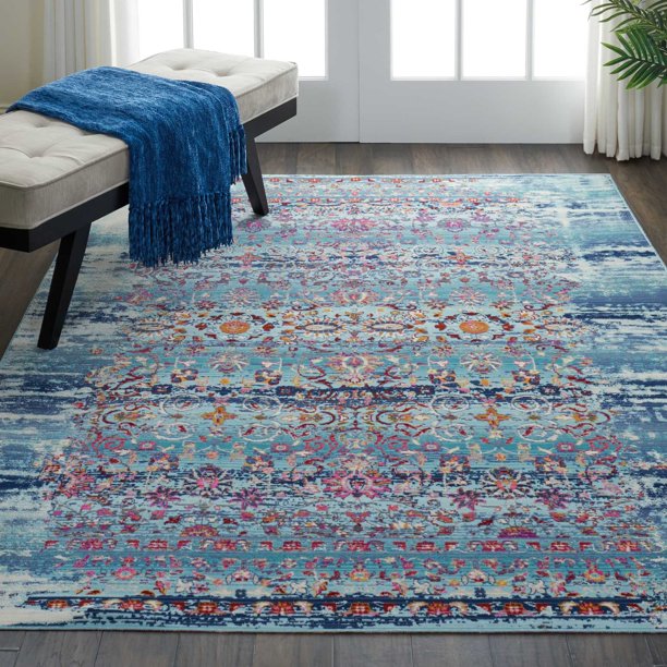 Nourison Vintage Kashan Boho Bordered Teal Blue Area Rug - Walmart.com ...