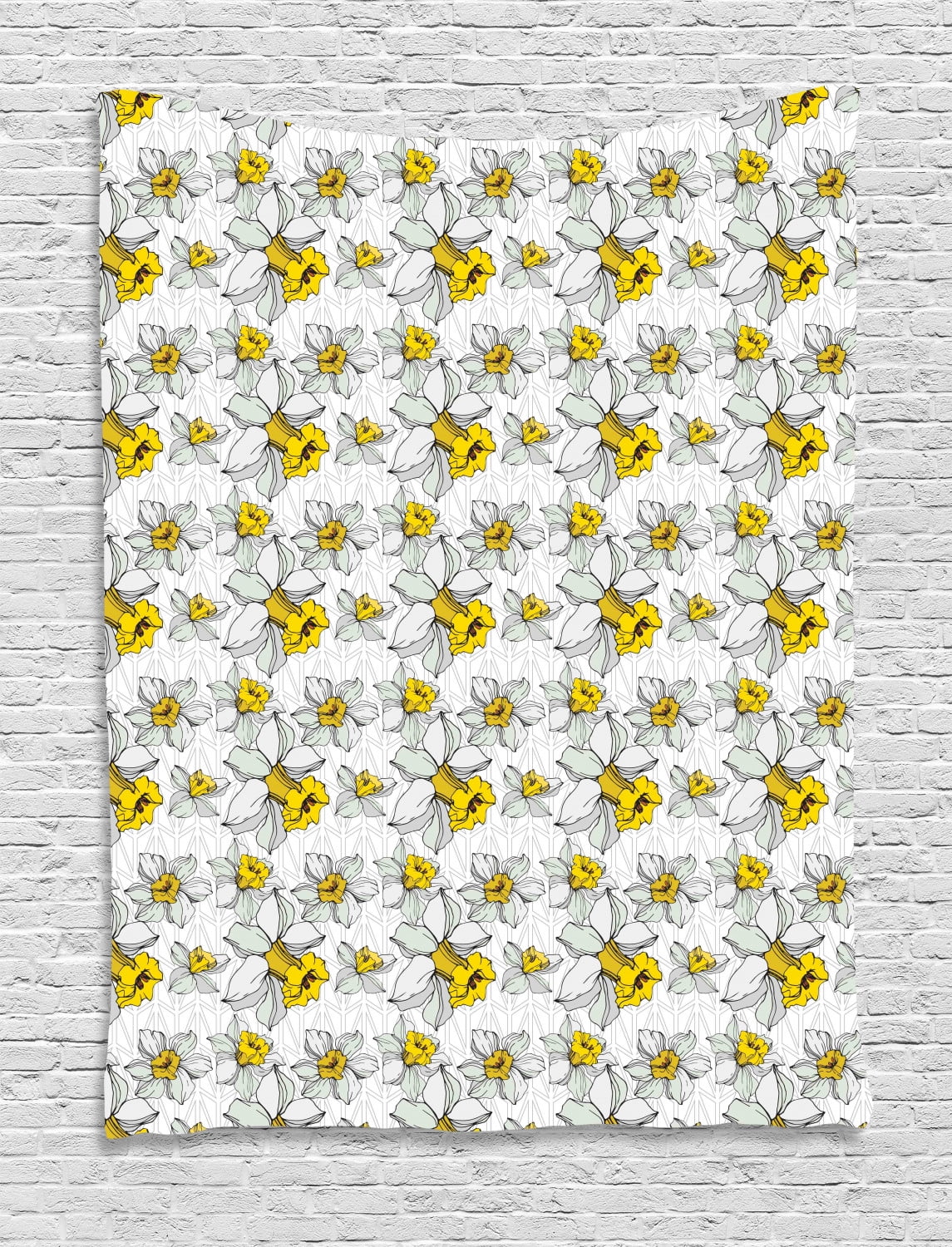 Floral Yellow Tapestry, Artful Abstract Blooming Narcissus on Geometric ...