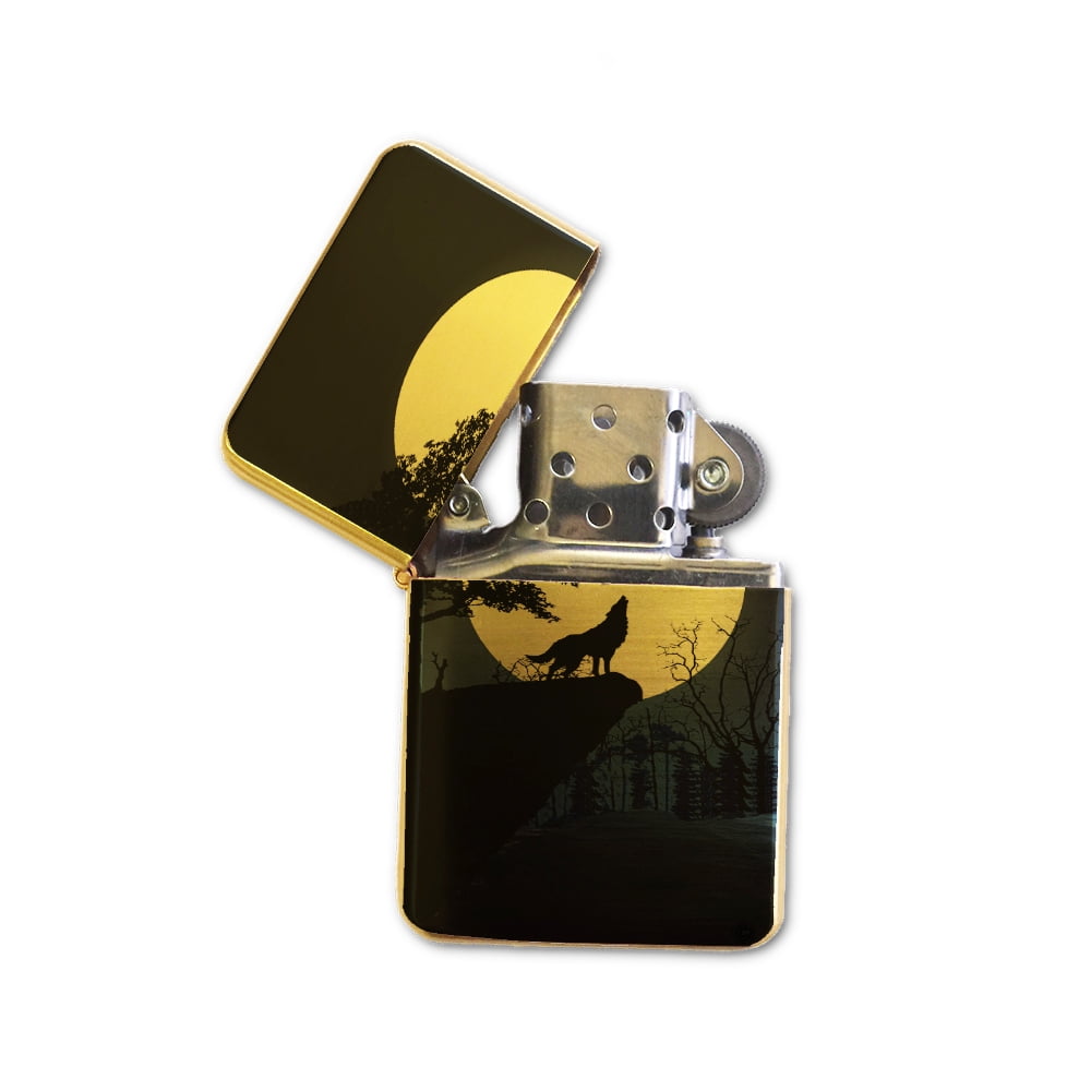 KuzmarK Gold Windproof Flip Top Lighter - Wolf Full Moon Mountain ...