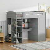 Twin Size Loft Bed with Built-in Desk and Wardrobes, Solid Wood Loft Bed Frame with 4 Drawers ...