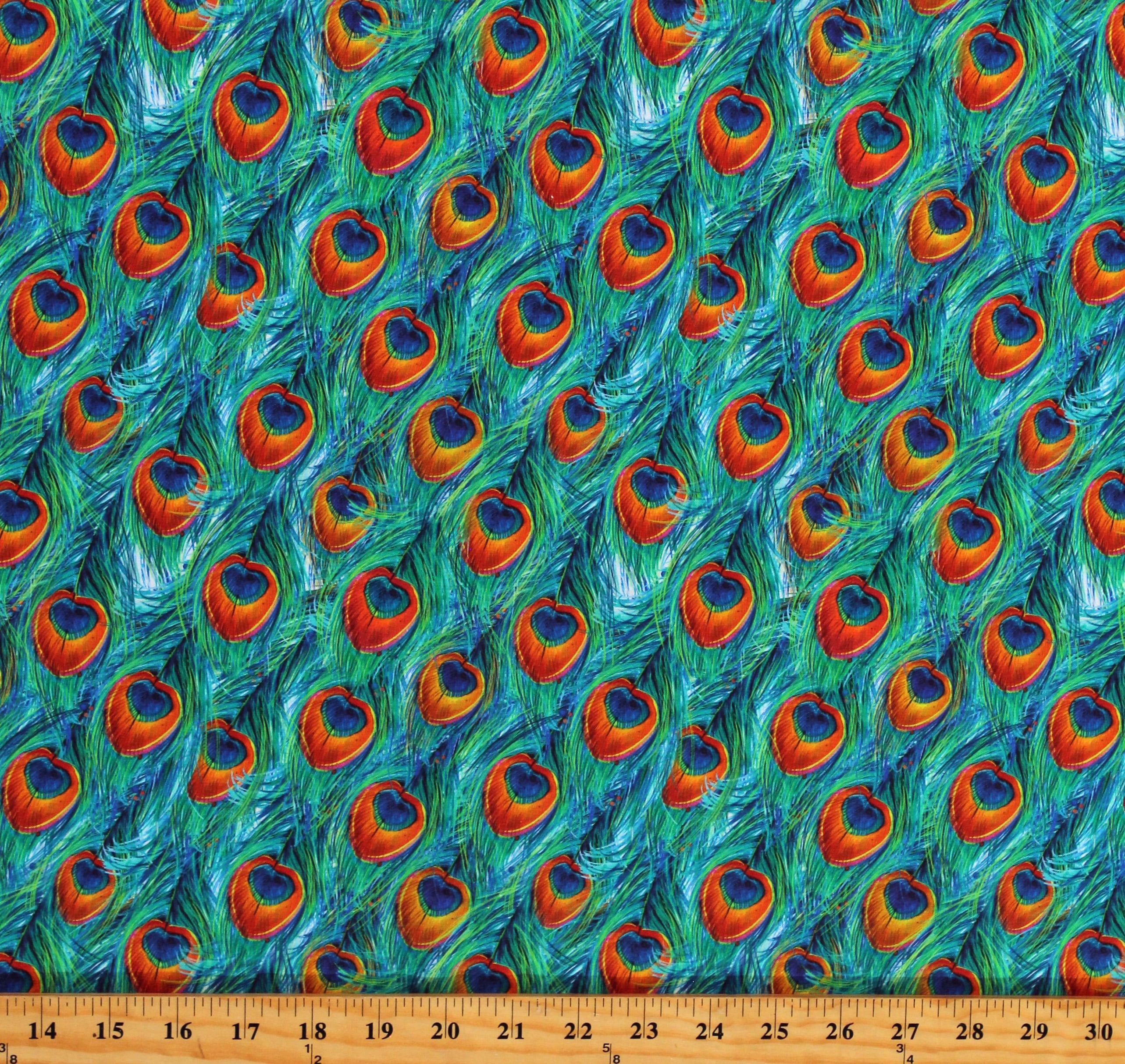 Cotton Peacocks Birds Feathers Plumes Plumage Green Blue Orange Gold Cotton Fabric Print by the ...