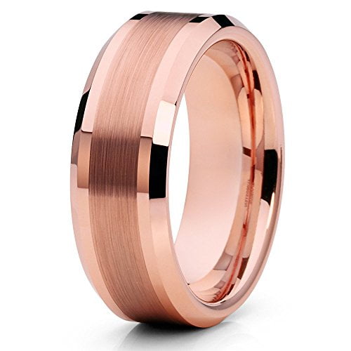 Silly Kings 8mm Brushed Rose Gold Tungsten Carbide Wedding Ring Mens Beveled Edges Womens Unisex ...