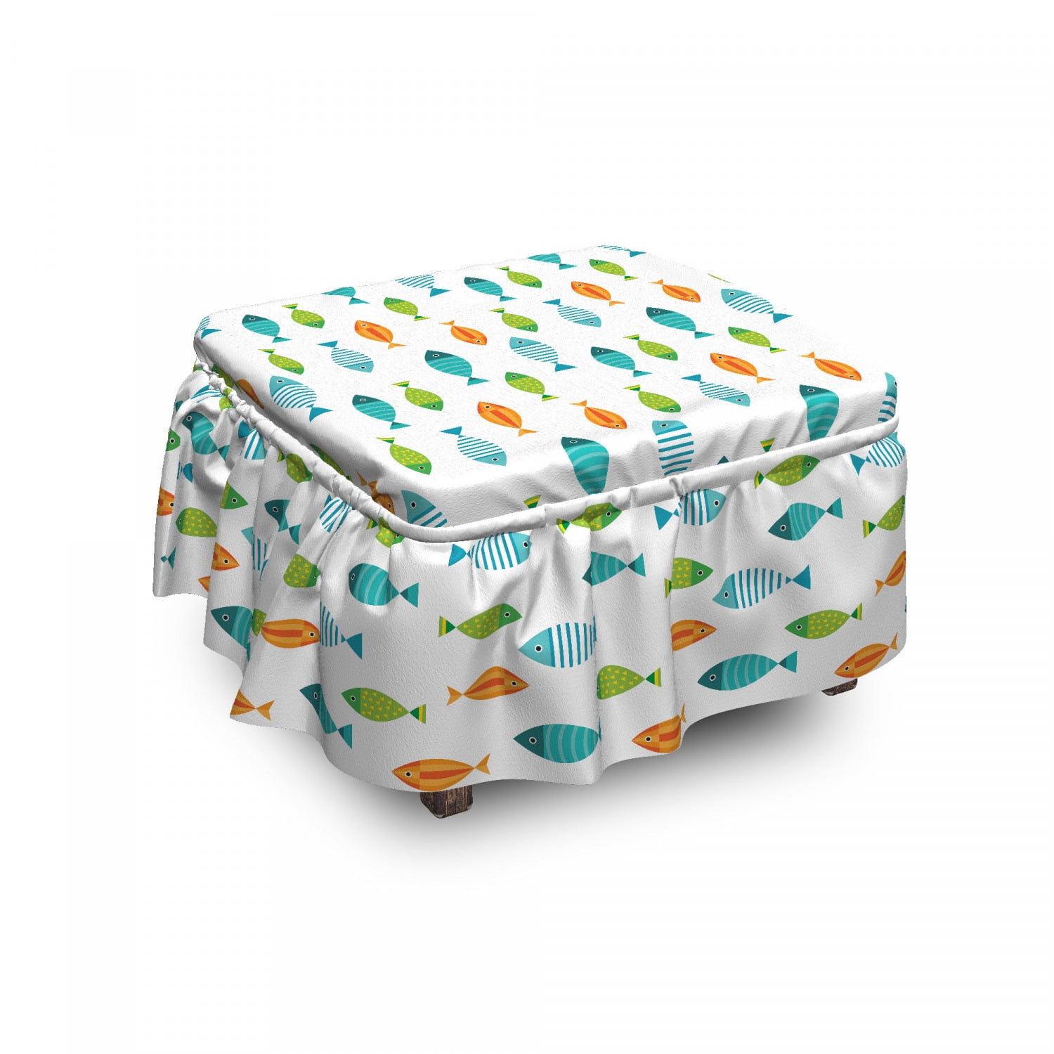 Fish Ottoman Cover, Geometric Shapes and Stripes, 2 Piece Slipcover Set ...