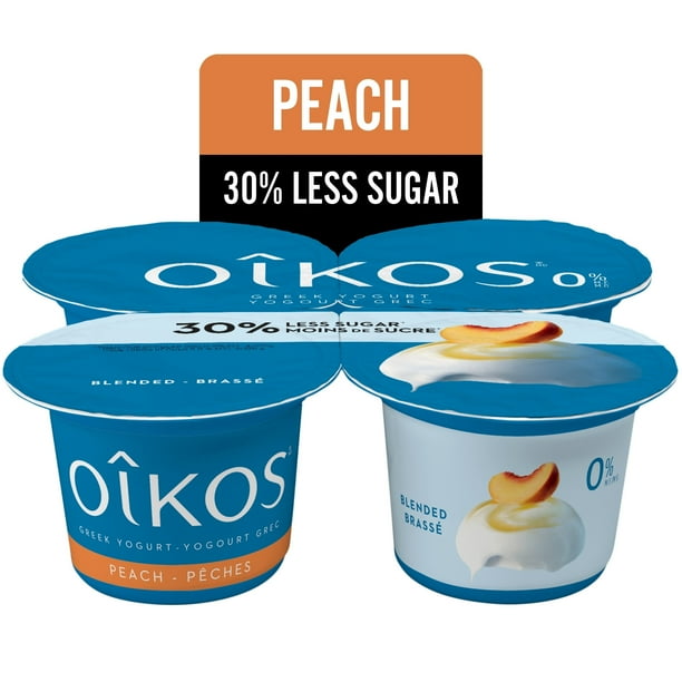 Oikos Greek Yogurt, Peach, Blended, 30% Less Sugar, 4 x 100 g - Walmart.ca