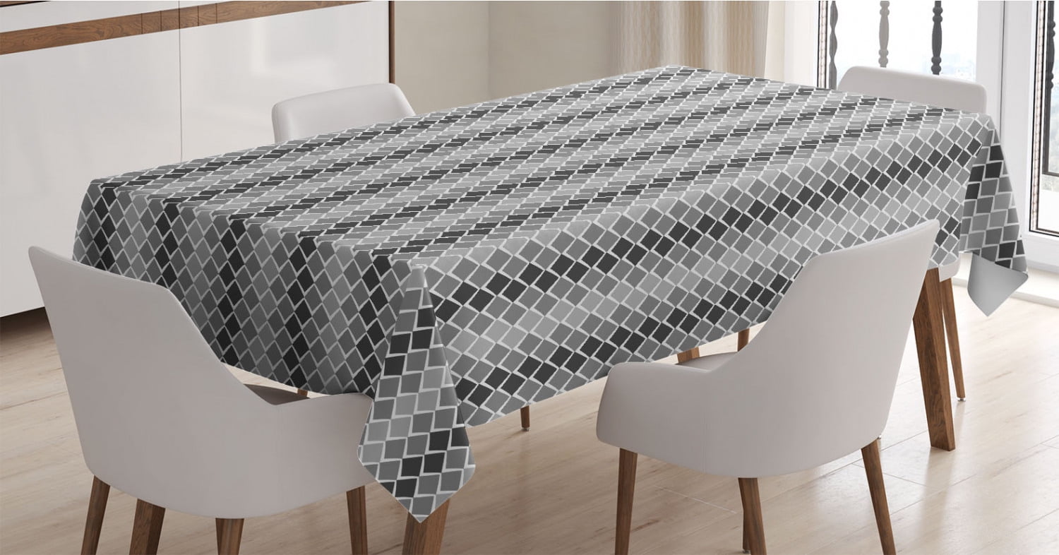 Grey and White Tablecloth, Uneven Geometrical Shapes with Zigzag Lines ...