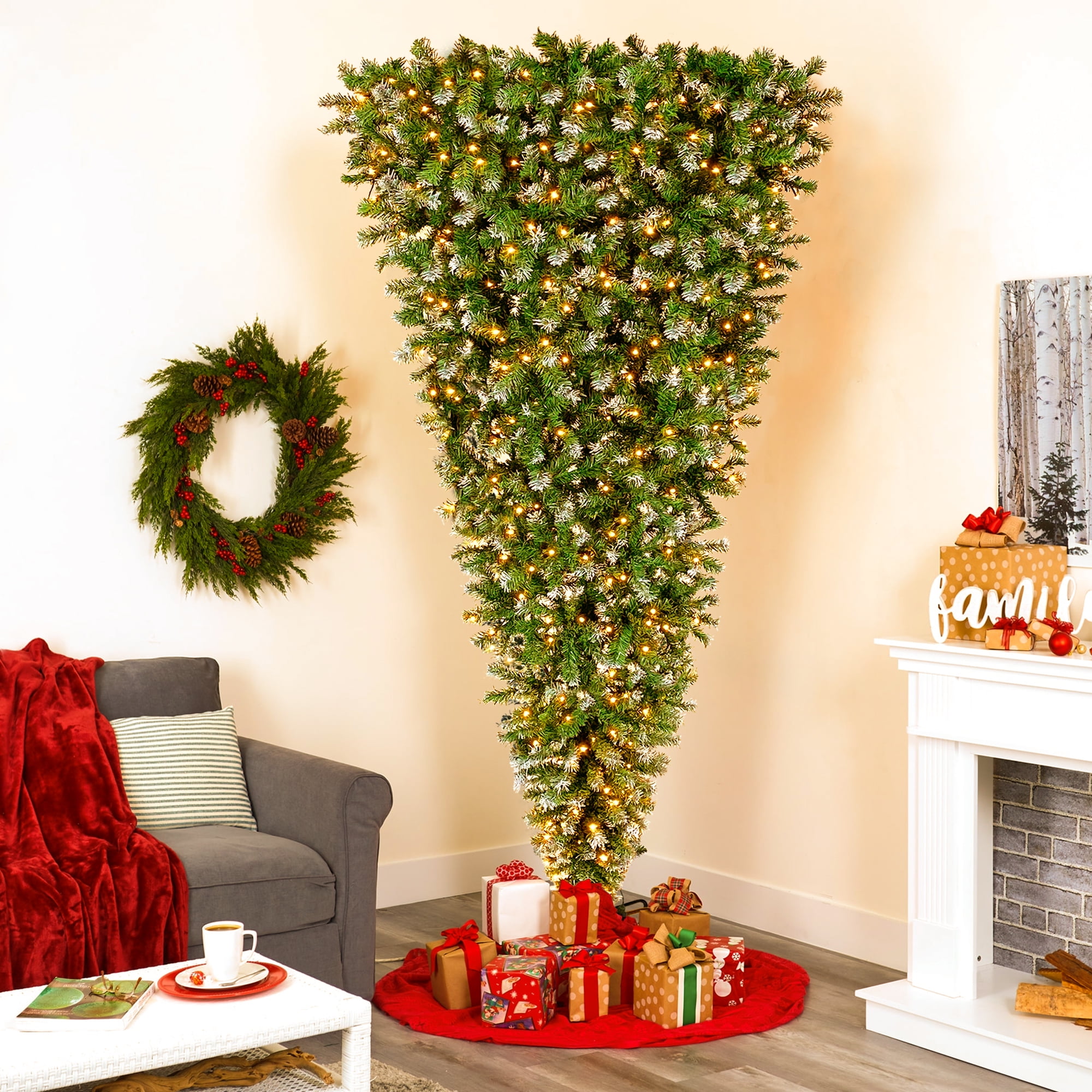 GUHOME Upside Down Christmas Tree 7.4ft Xmas Tree with LED Warm White Lights Green leaves with part spraying White with Metal Stand
