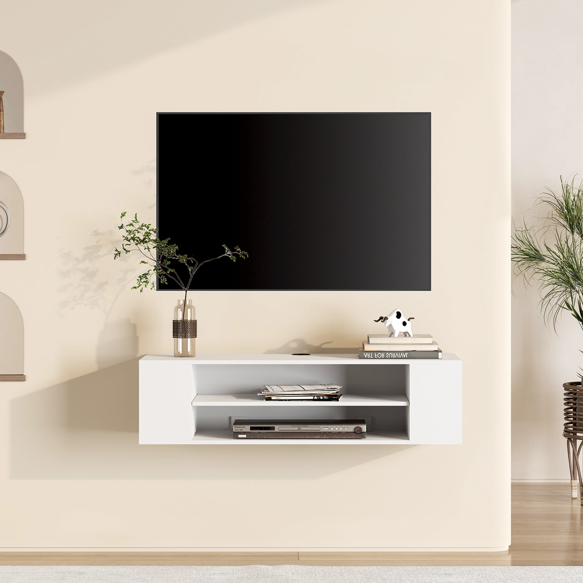 White Floating TV Stand Wall Mounted, Modern Floating Media Storage ...