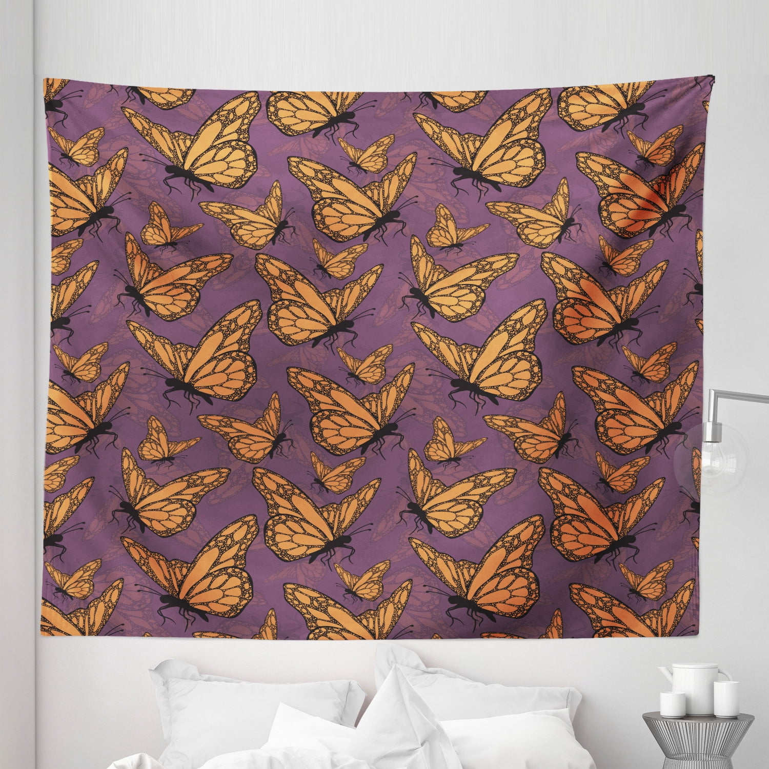 Butterfly Tapestry, Continuous Dark Orange Tone Insects with Dotted ...