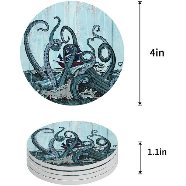 RYLABLUE Octopus Set of 4 Round Coaster for Drinks, Absorbent Ceramic ...