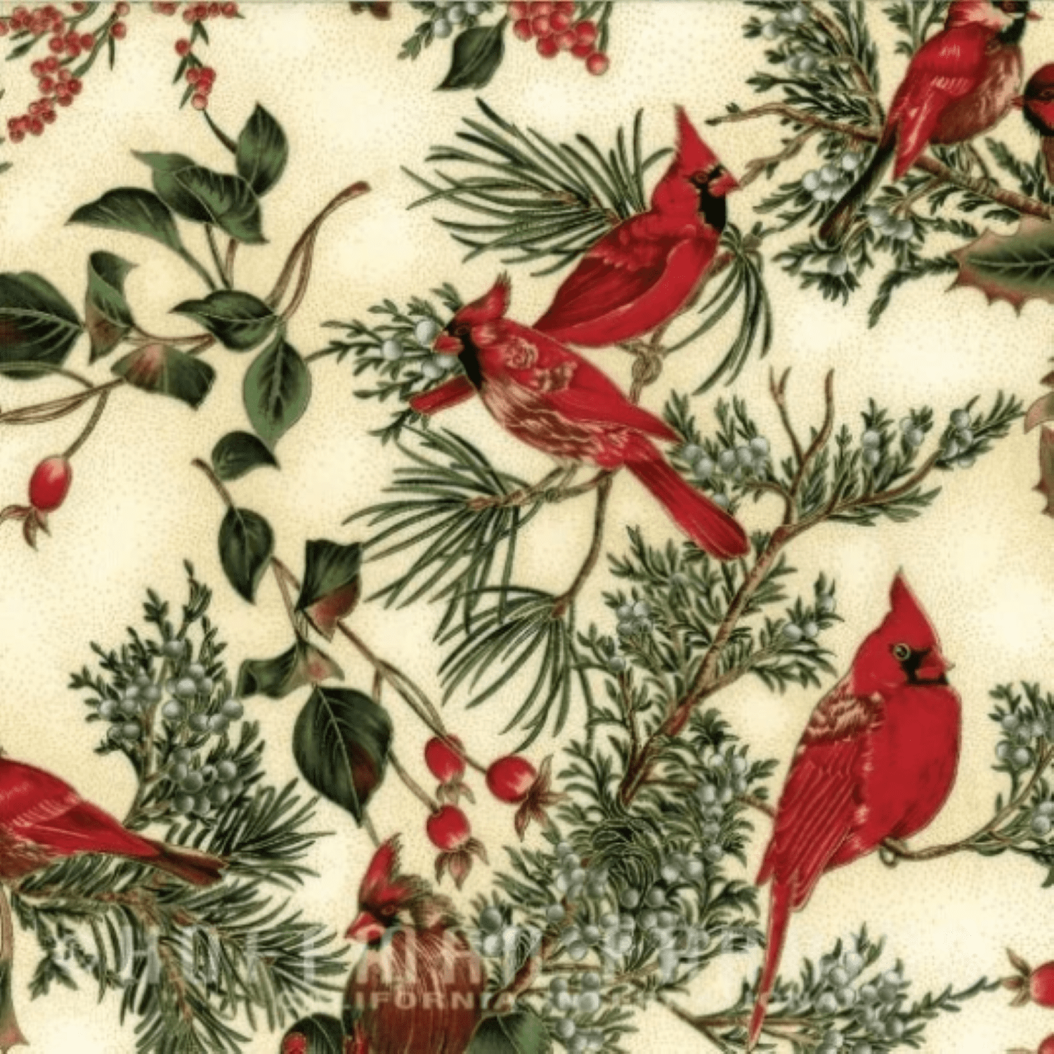 Winter Magic Natural Gold Christmas Cardinals by Hoffman Cotton Fabric ...
