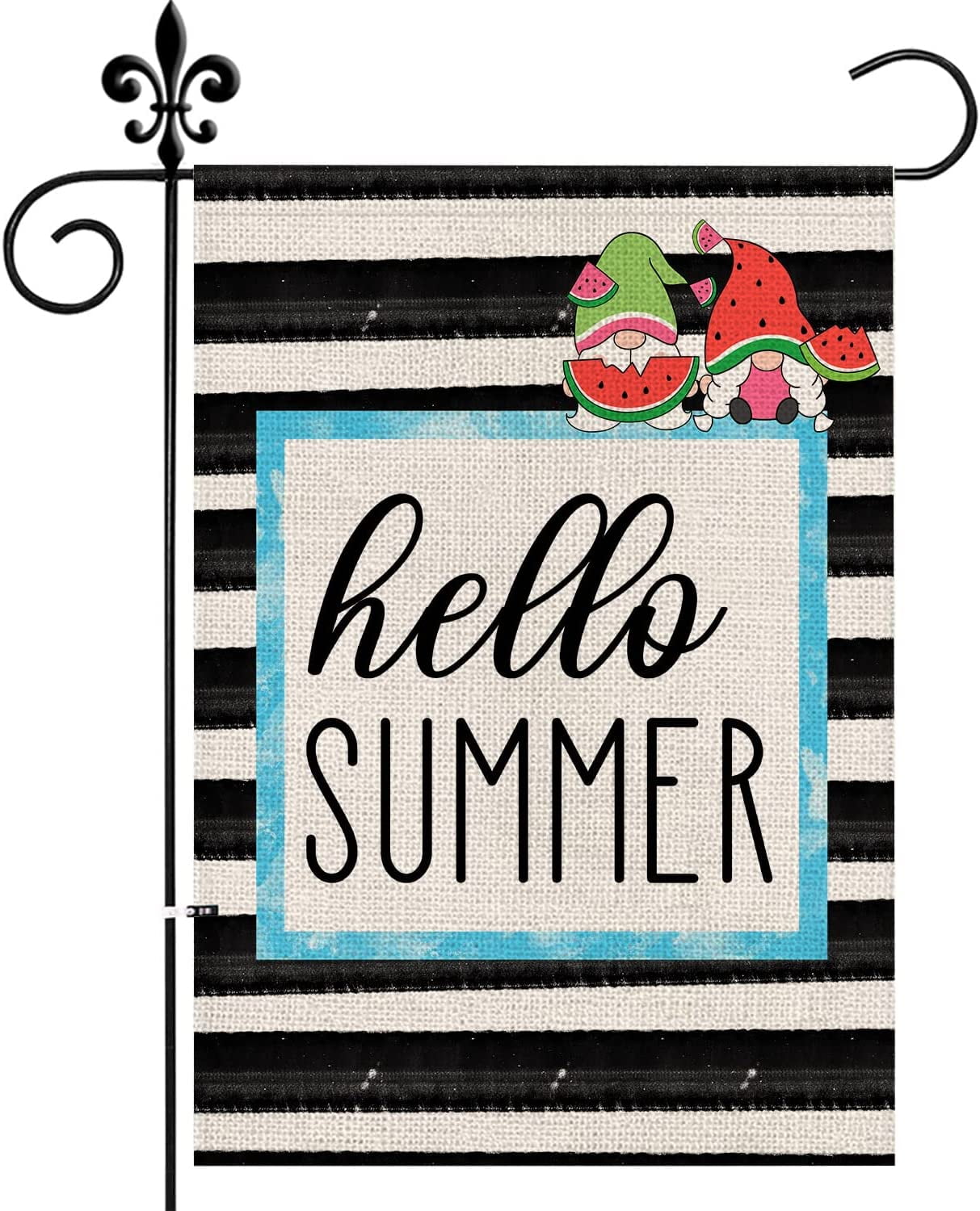 Hello Summer Garden Flag Watercolor Stripes Watermelon Gnome Double ...