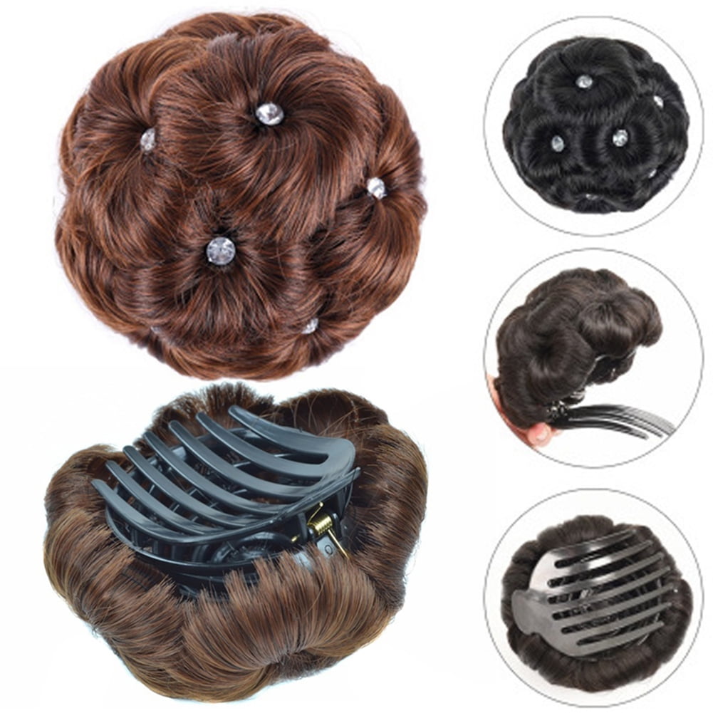 Anvazise 9 Flowers Faux Crystal Synthetic Bun Hair Extension Elastic ...