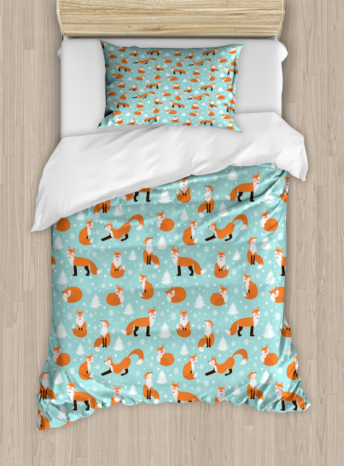 Fox Duvet Cover Set Twin Size, Winter Themed Repetitive Pattern of Wild ...