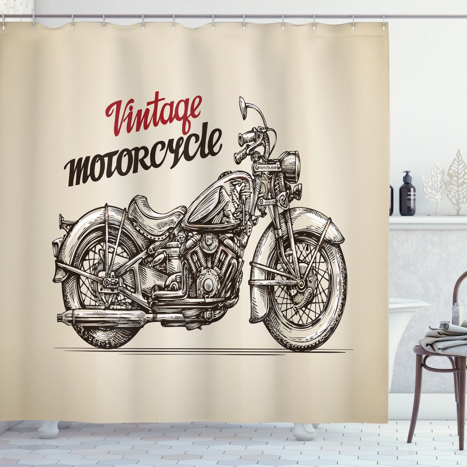 Motorcycle Shower Curtain, Hand Drawn Chopper Style Bike with Sketch ...