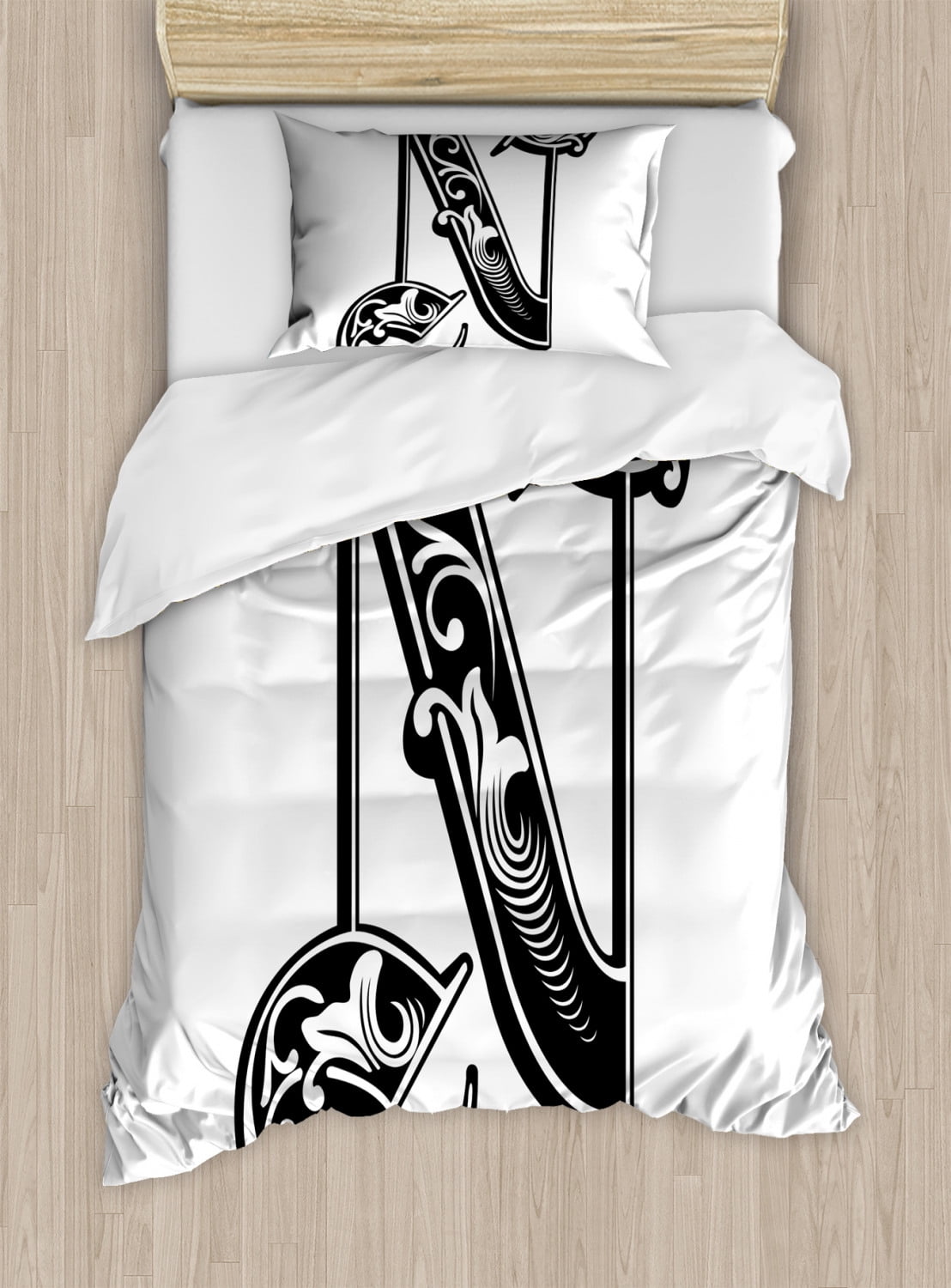 Letter N Twin Size Duvet Cover Set, Gothic Victorian Style Typography ...