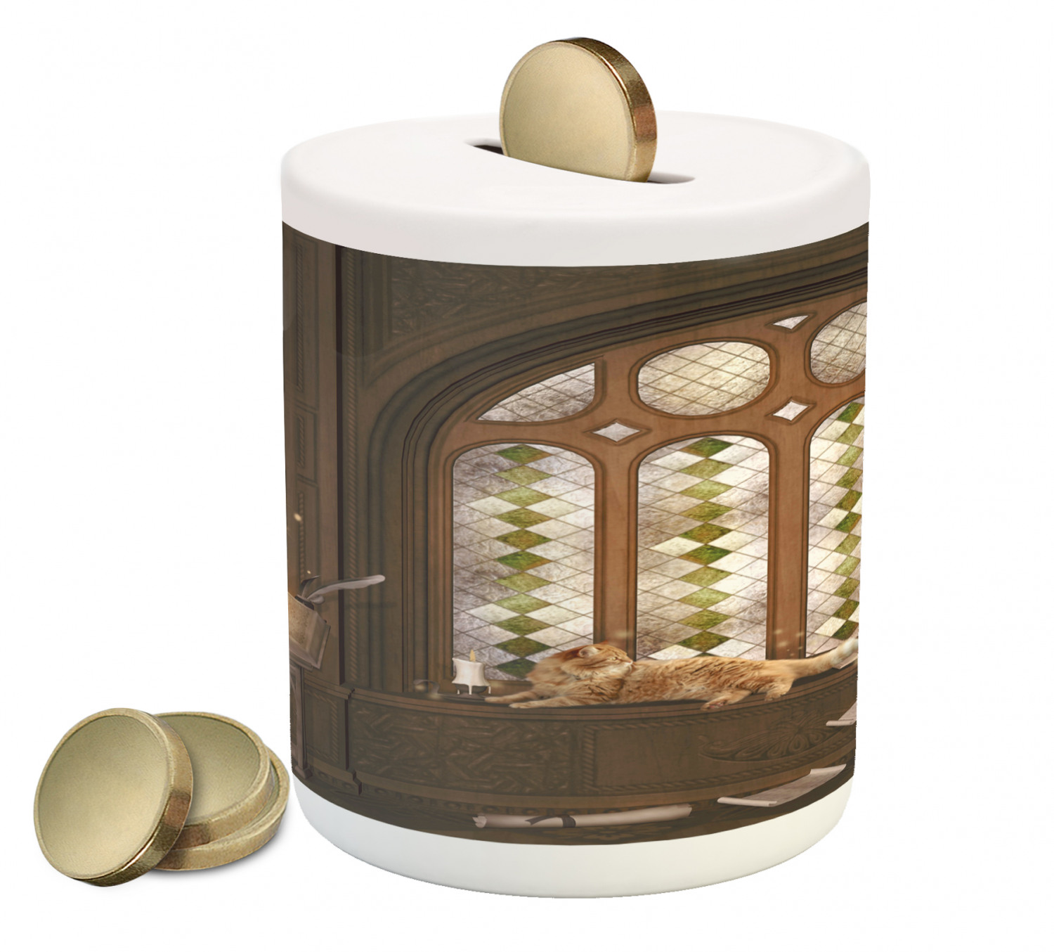 Gothic Piggy Bank, Room for Study in the Medieval Library Cat Sleeping ...