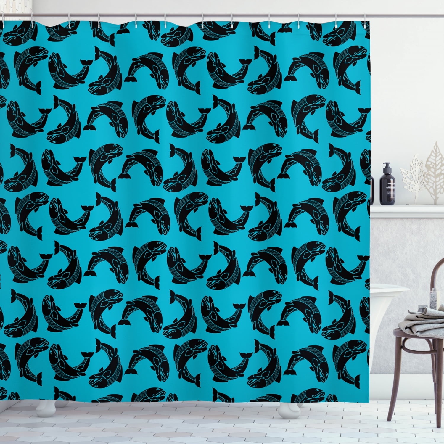 Fish Shower Curtain, Repetitive Salmon Trout Silhouettes Marine-Themed ...
