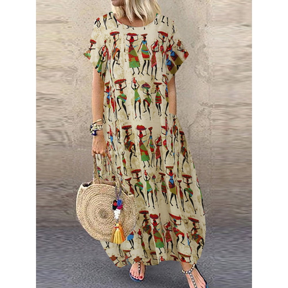 ZANZEA - ZANZEA Women Casual Vintage Round Neck Print Loose Long Dress ...