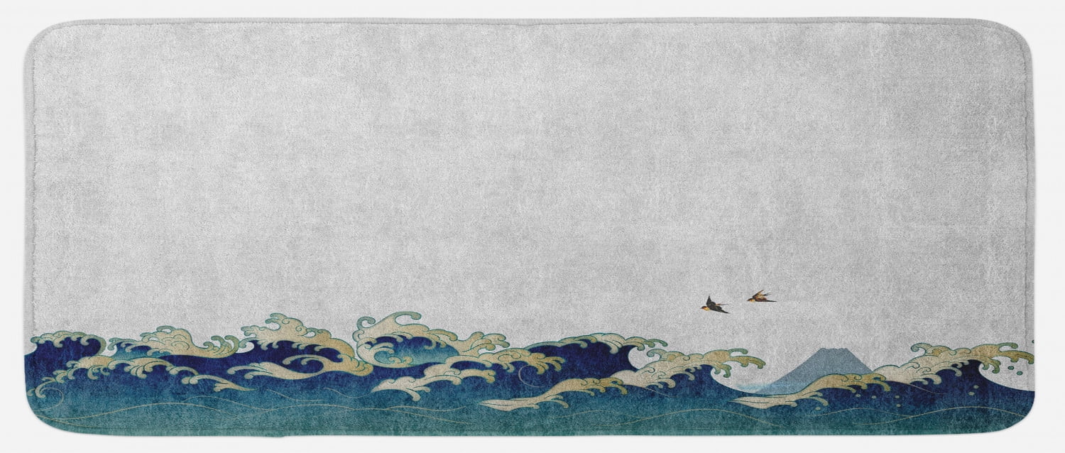 Japanese Wave Kitchen Mat, Aquatic Swirls Birds of Ocean Ukiyo-e Style ...