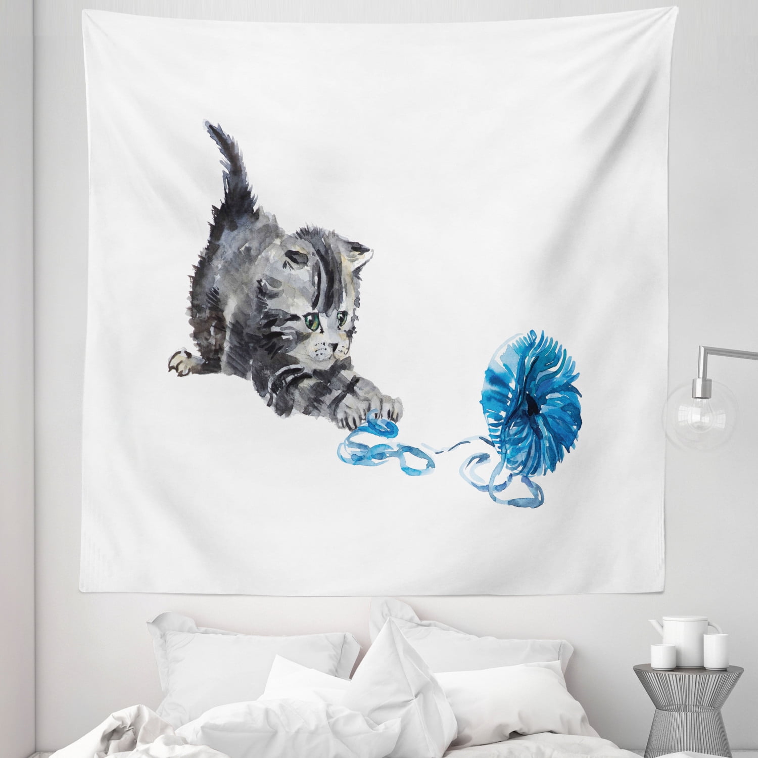 Cat Tapestry, Playful Kitten with Ball of Yarn Furry Animal Domestic ...