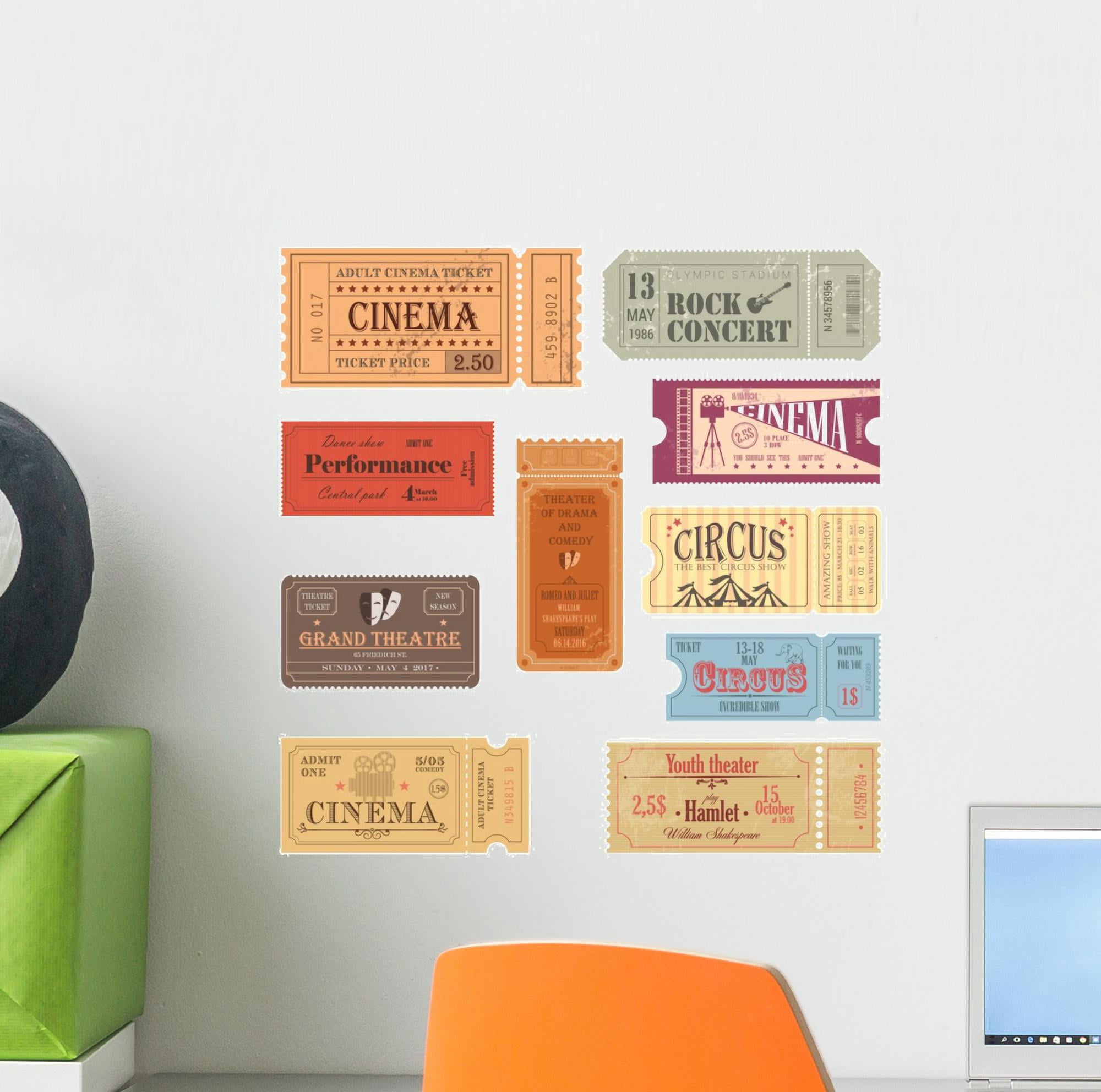 Retro Showtime Movie Tickets Wall Decal Sticker Set Wallmonkeys Peel ...