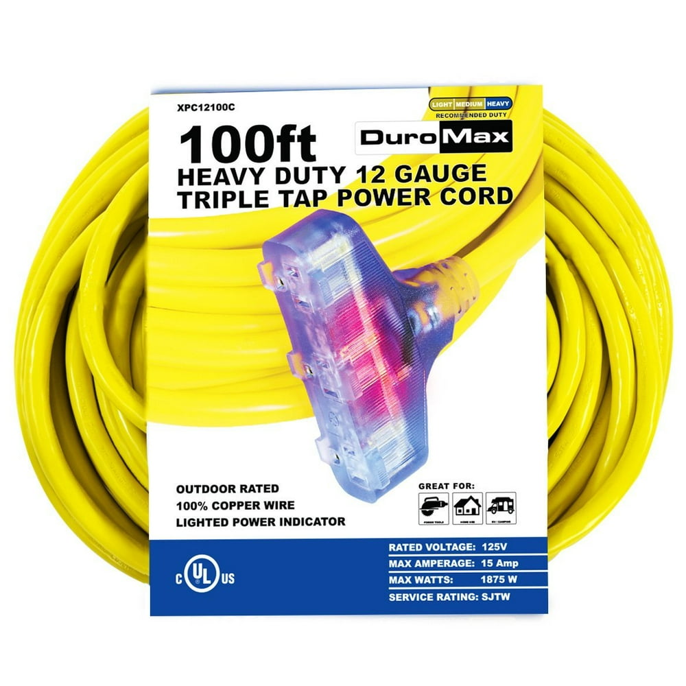 DuroMax XPC12100C 100-Foot 12 Gauge Triple Tap Extension Power Cord ...
